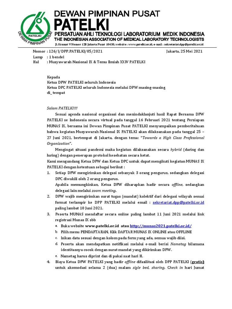 126 - Surat Umum Mei - Pemberitahuan MUNAS IX PATELKI - DPW DPC | PDF