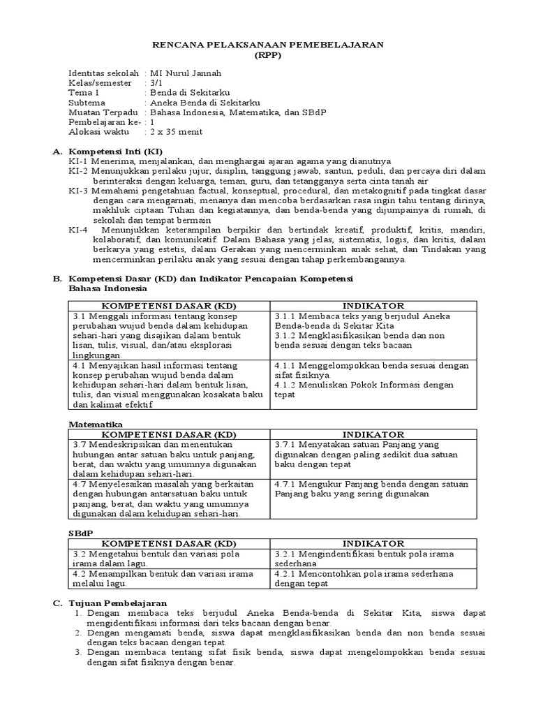 RPP Tematik - Kelas 3 - Tema 3 - ST 1 - PB 1 | PDF | Seni & Disiplin Bahasa | Kajian Bahasa Asing