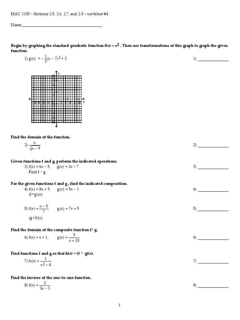 MAC 1105 - Worksheet #4 (Sections 2.5, 2.6, 2.7, 2 | PDF | Function (Mathematics) | Analysis