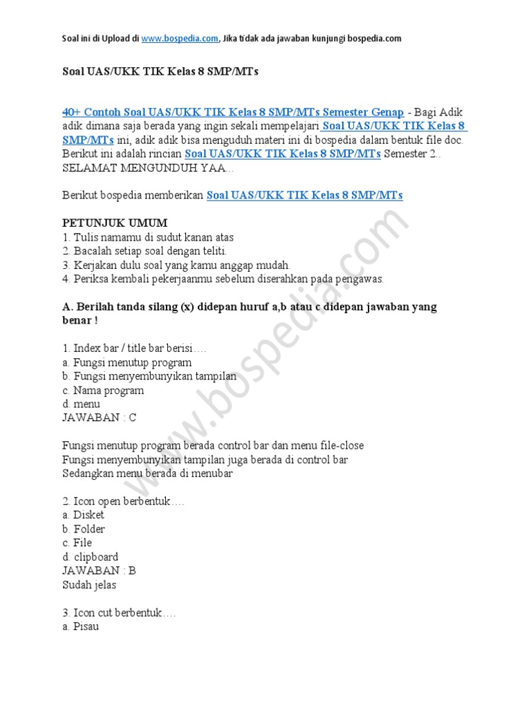 40+ Contoh Soal UAS UKK TIK Kelas 8 SMP MTs Semester Genap | PDF