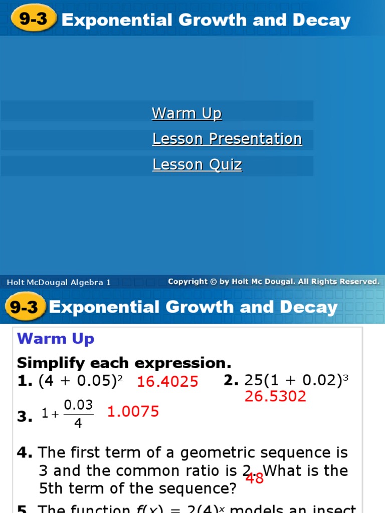 9-3 Exponential Growth and Decay | PDF | Exponential Function | Interest