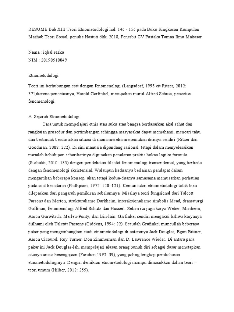 RESUME Bab XIII Teori Etnometodologi 2019-49 | PDF
