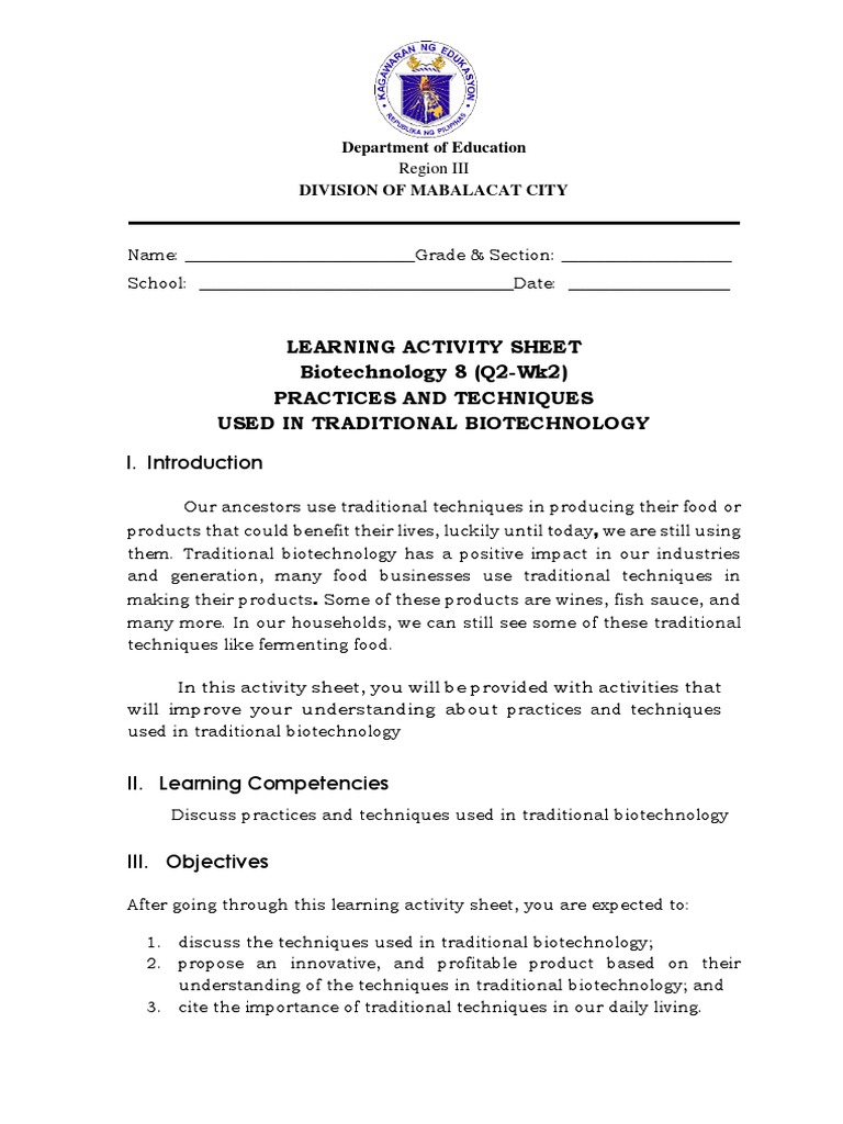 Biotech STE 8 Q2 Lesson 2 Discuss Techniques and Practices Used in ...