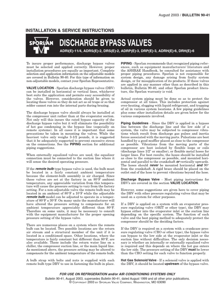 Discharge Bypass Valves: Installation & Service Instructions | PDF ...