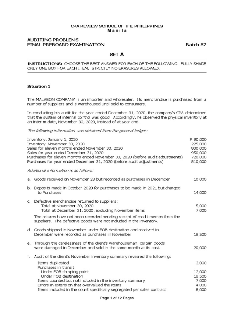 Auditing Problems Final Preboard Examination Batch 87 SET: Cpa Review ...