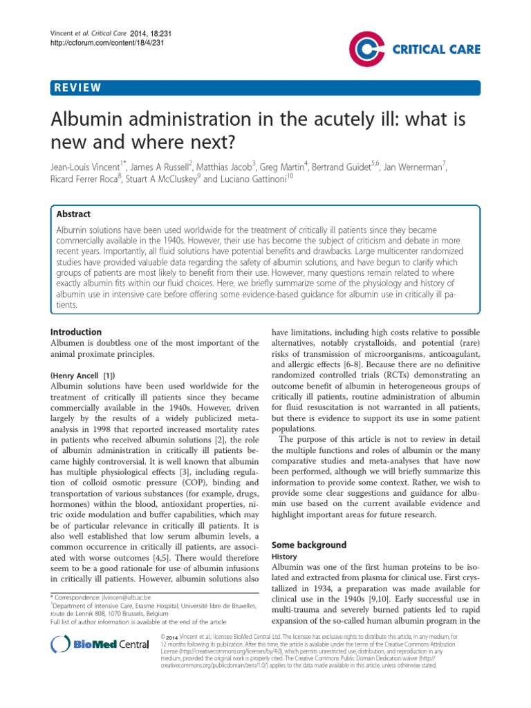Albumin Administration in The Acutely Ill: What Is New and Where Next ...
