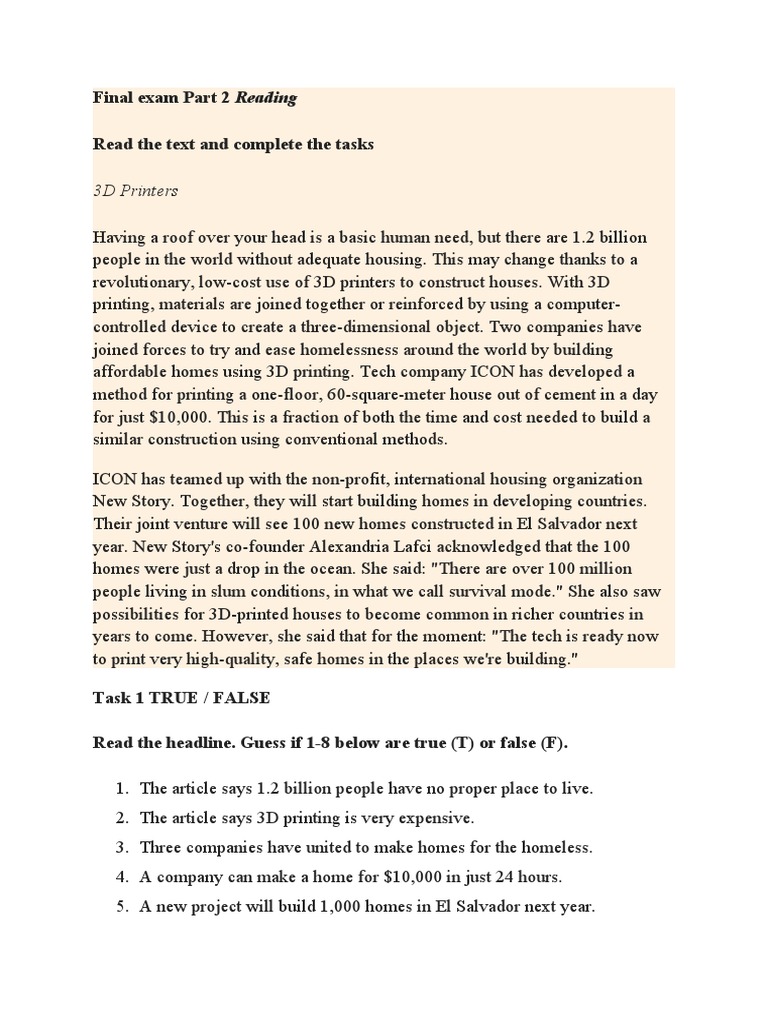3D Printers: Final Exam Part 2 Reading Read The Text and Complete The ...