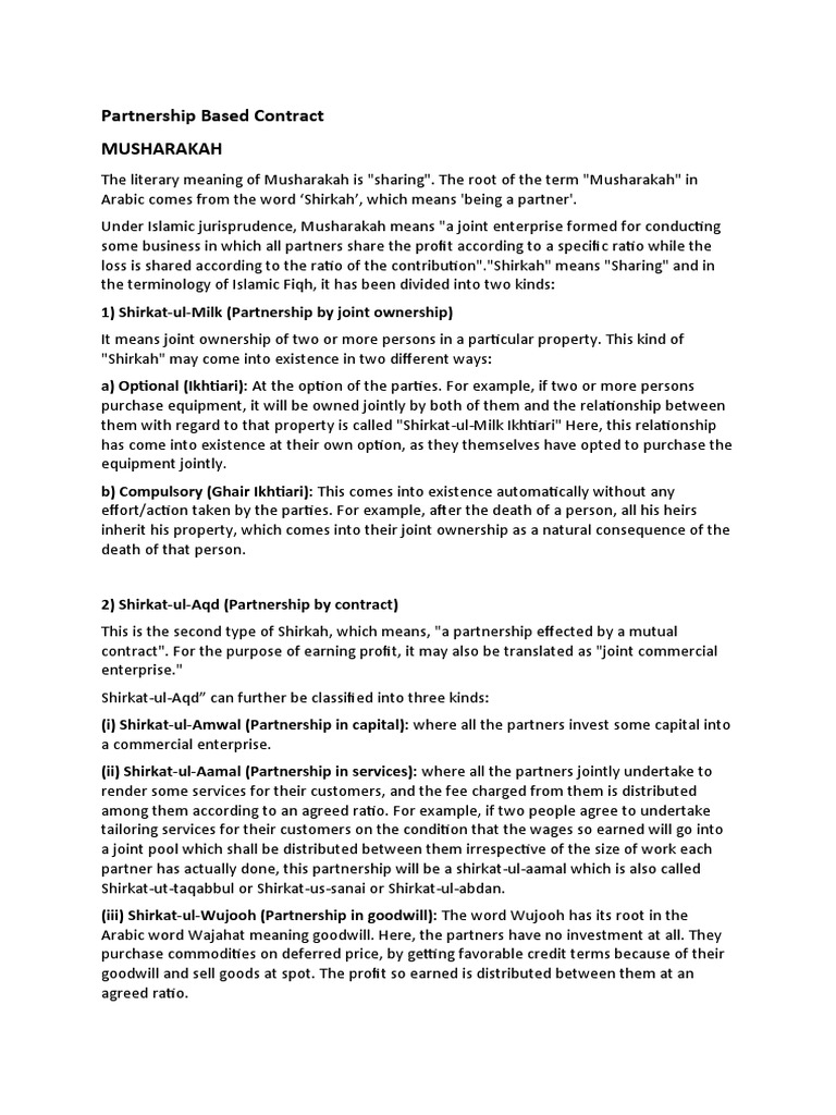 Partnership Based Contract Musharakah | PDF | Partnership | Islamic ...