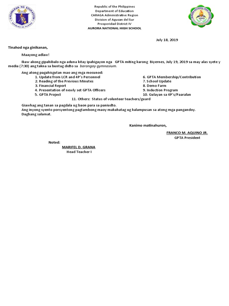 1st GPTA Meeting Letter | PDF