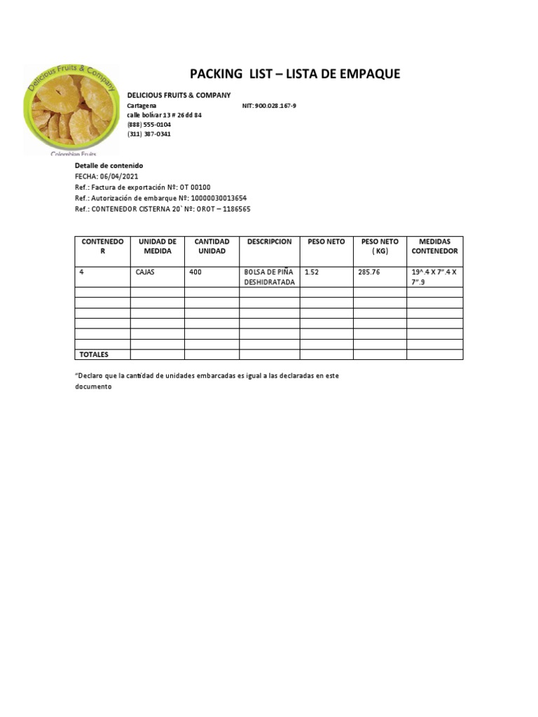 Packing List - Lista de Empaque | PDF