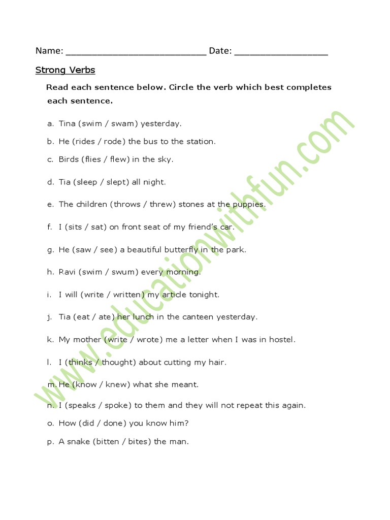 Strong Verbs Worksheet | PDF