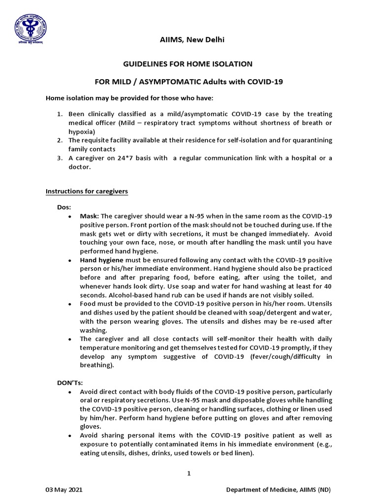 AIIMS Home Isolation Guidelines | PDF | Hand Washing | Hygiene