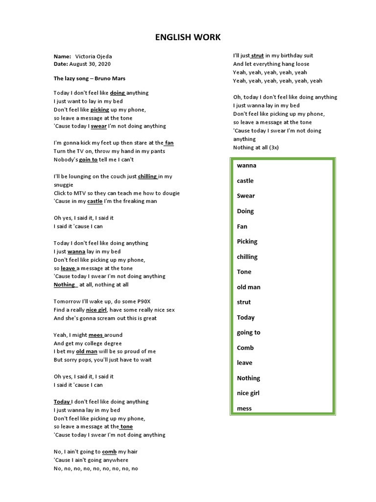 The Lazy Song by Bruno Mars Activities With Music Songs Nursery Rhymes ...