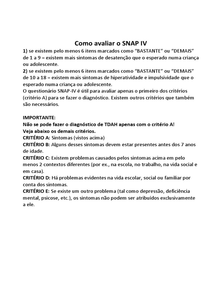 Como Avaliar o SNAP IV | PDF
