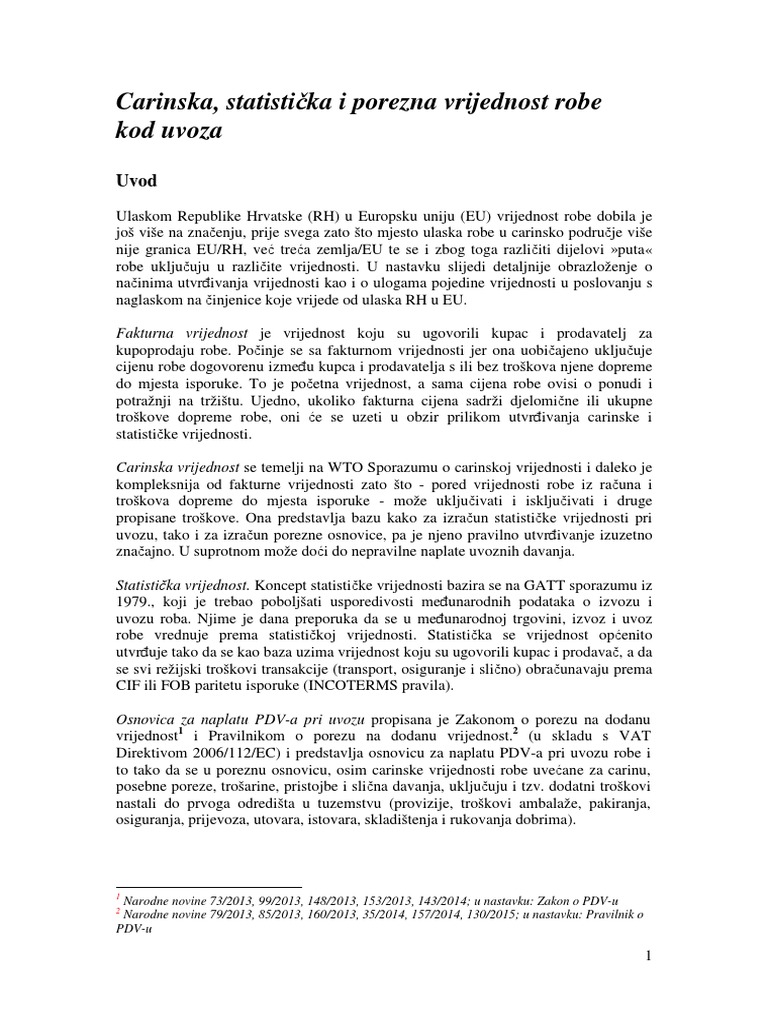 Carinska, Statistička I Porezna Vrijednost Robe Kod Uvoza - Primjer ...