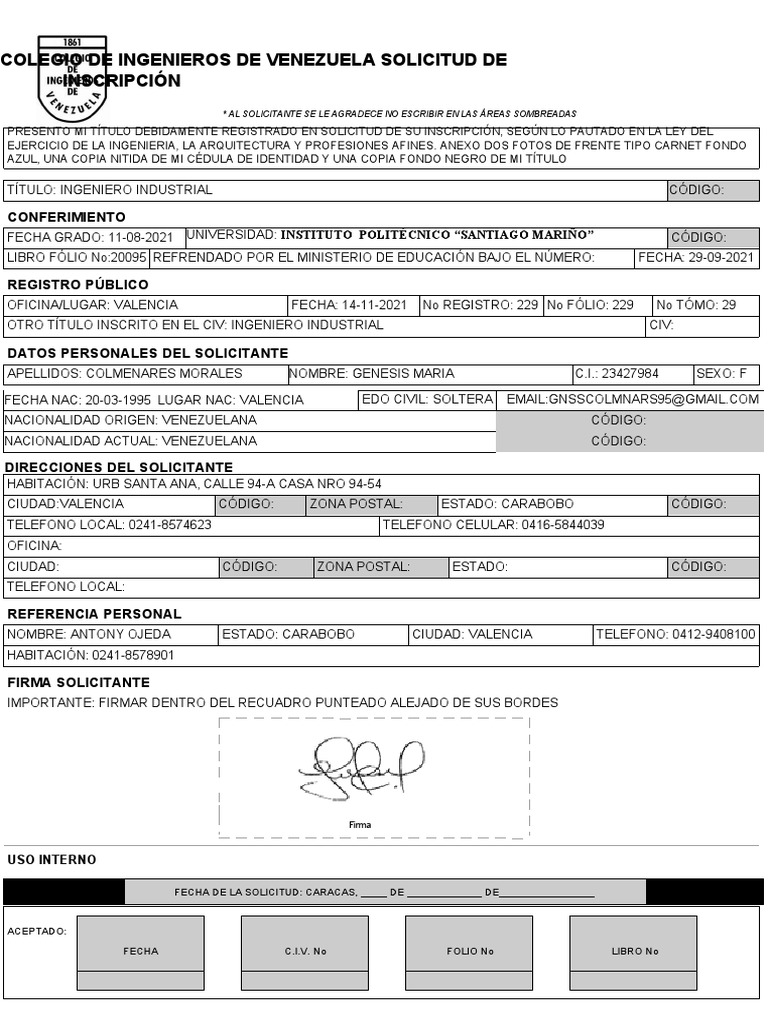 Planilla-Colegio-Ingeniero GENESIS COLMENARES | PDF | Gobierno y ...