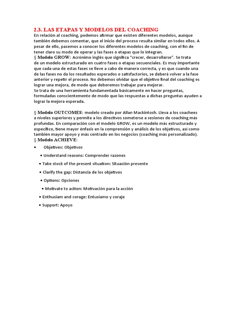 Modelos de Coaching: GROW, OUTCOMES y ACHIEVE | PDF | Relaciones ...