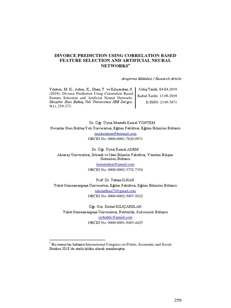 Divorce Prediction Using Correlation Based Feature Selection and Artificial Neural Networks ...