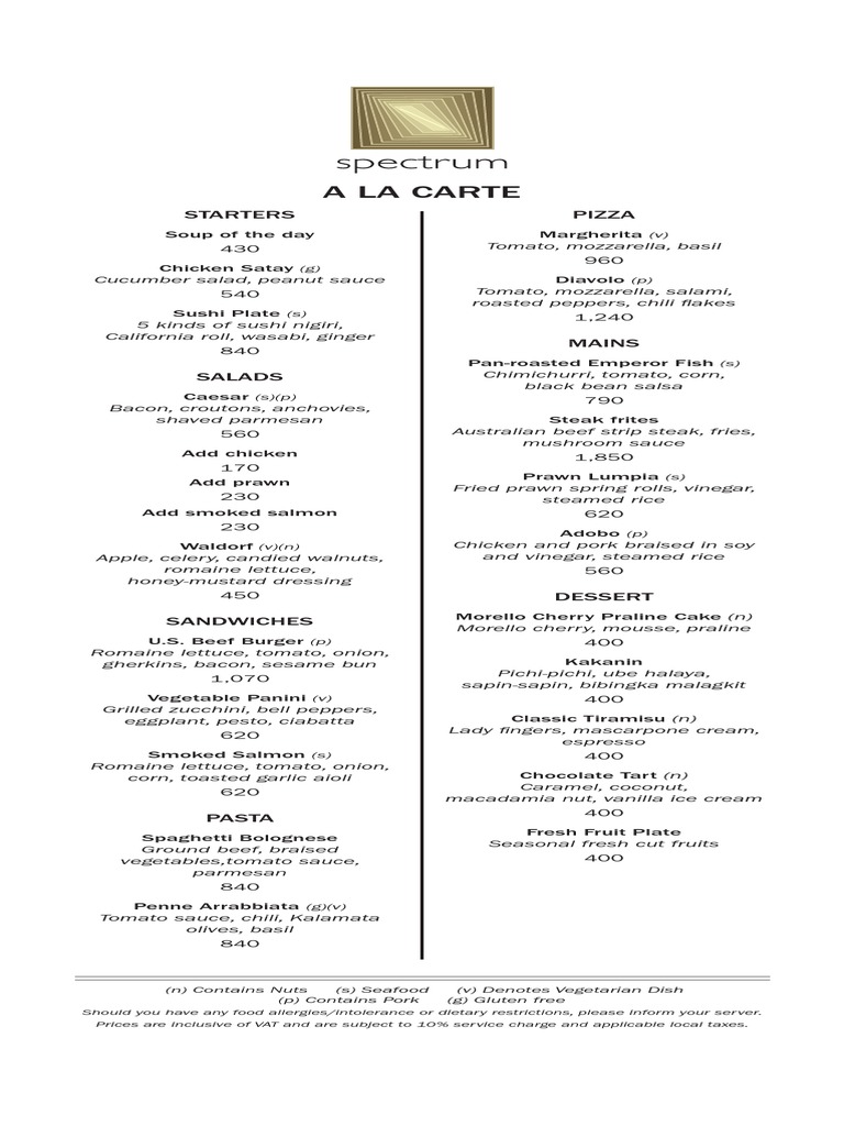 A LA CARTE menu with STARTERS, PIZZA, MAINS, SALADS, SANDWICHES, PASTA ...