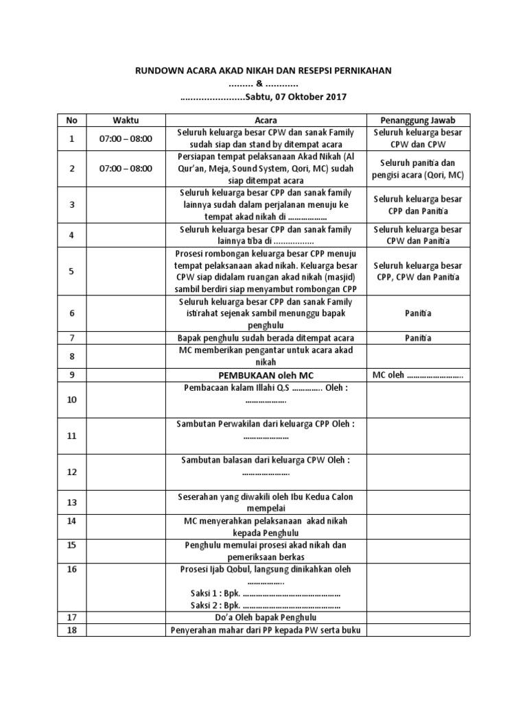 Rundown Acara Akad Nikah Dan Resepsi 07 Okt 2017 | PDF