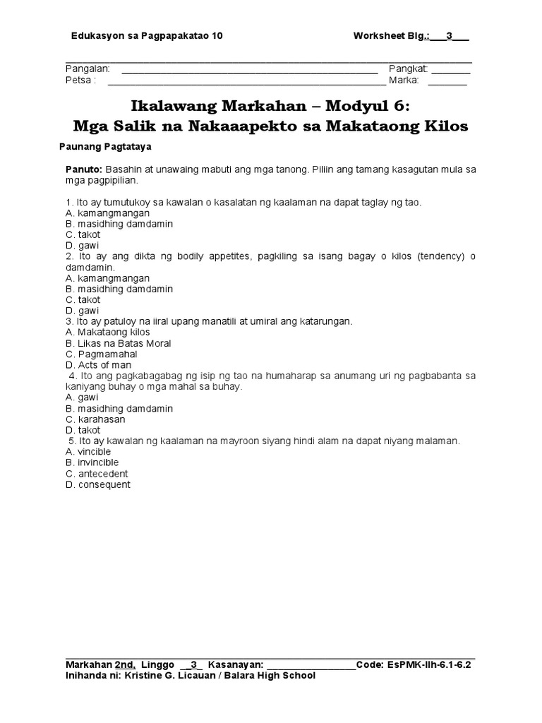 Worksheet ESP10 - Qrt2 - Mod2.1 2.2 - Week3 - Mga Salik Na Nakakaapekto Sa Makataong Kilos 1 | PDF
