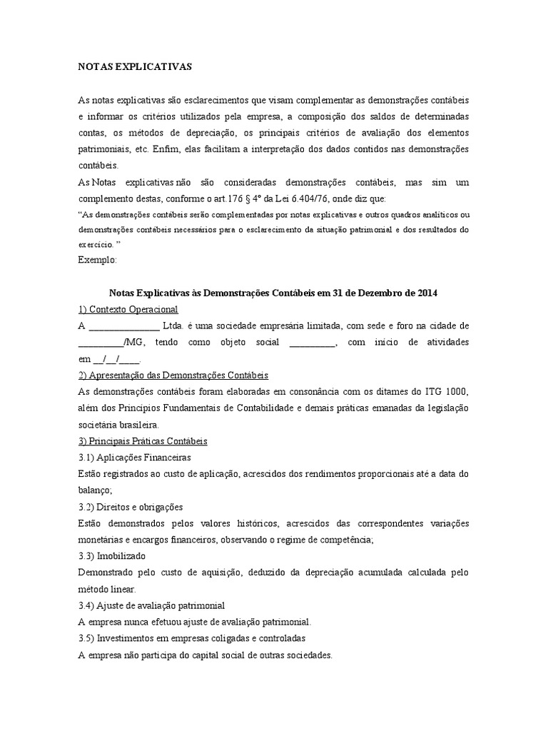 Notas Explicativas | Download grátis PDF | Relatório anual | Contabilidade