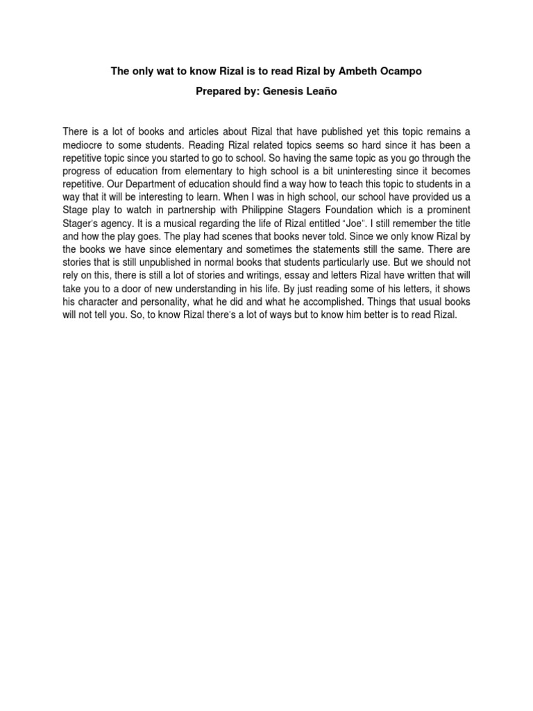 The Only Way To Know Rizal Is To Read Rizal by Ambeth Ocampo Reaction ...