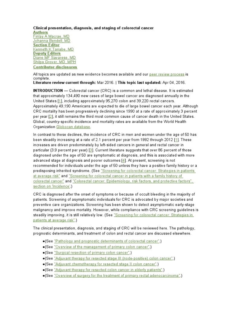 Clinical Presentation, Diagnosis, and Staging of Colorectal Cancer ...