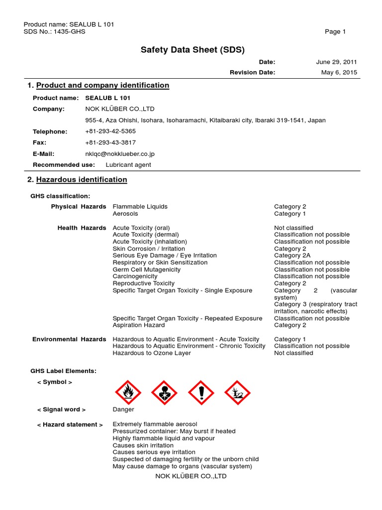 Safety Data Sheet (SDS) : 1. Product and Company Identification | PDF ...