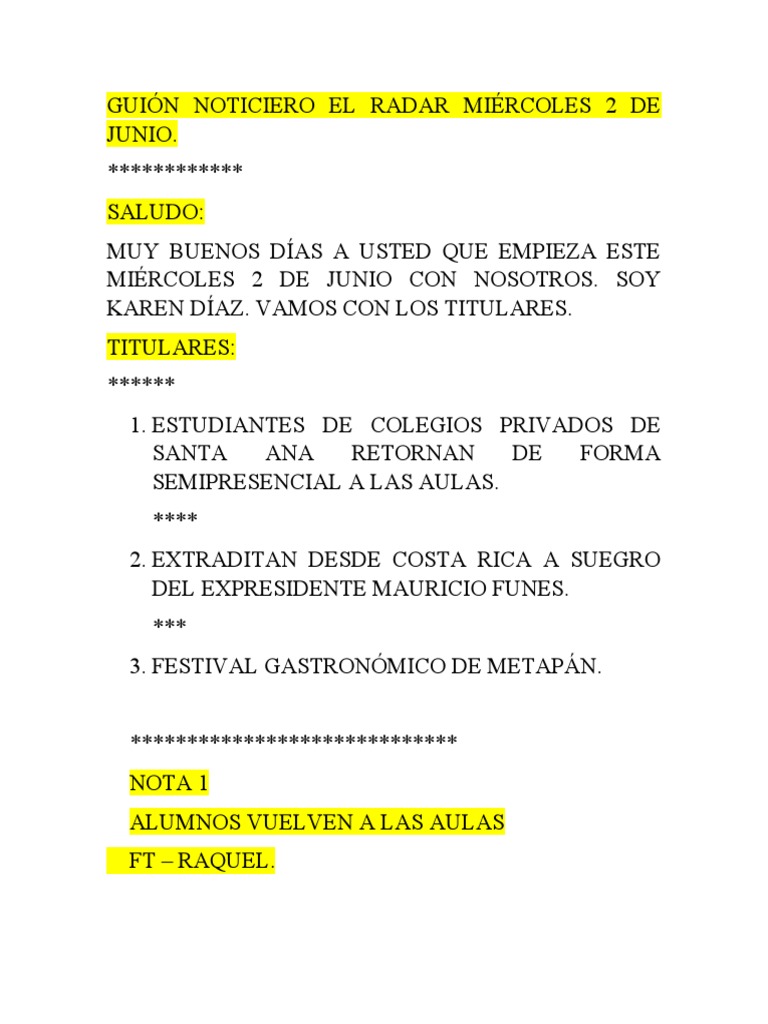 Guión para Presentador Noticiero El Radar | PDF