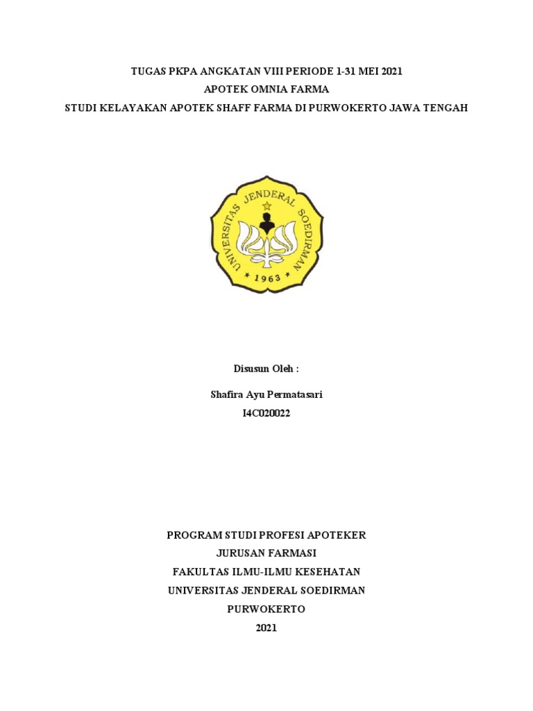 Tugas PKPA Unsoed Studi Kelayakan Apotek - Shafira Ayu Permatasari | PDF