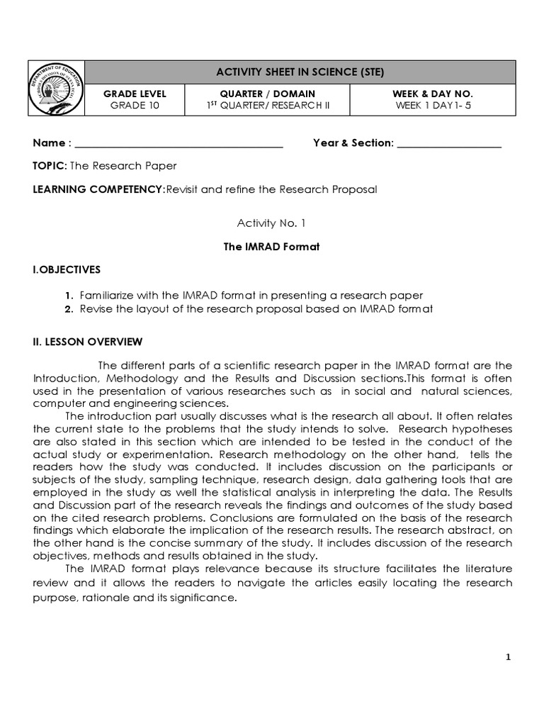 Activity Sheet in Science (Ste) : Grade 10 1 Quarter/ Research Ii Week ...