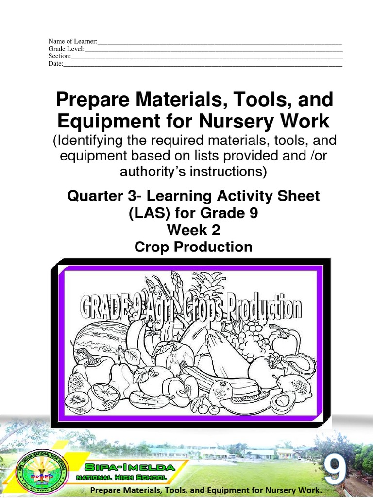 Prepare Materials, Tools, and Equipment For Nursery Work: Quarter 3-Learning Activity Sheet (LAS ...