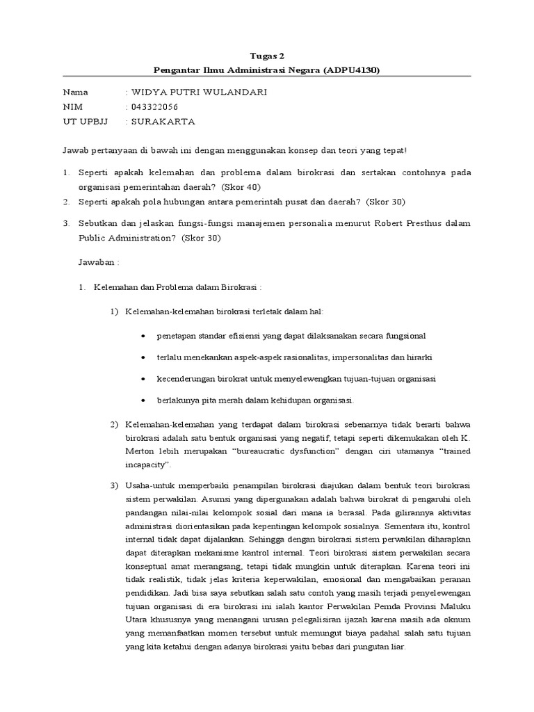 Tugas 2 - Widya Putri Wulandari - 043322056 - Pengantar Ilmu Administrasi Negara - ADPU4130 | PDF