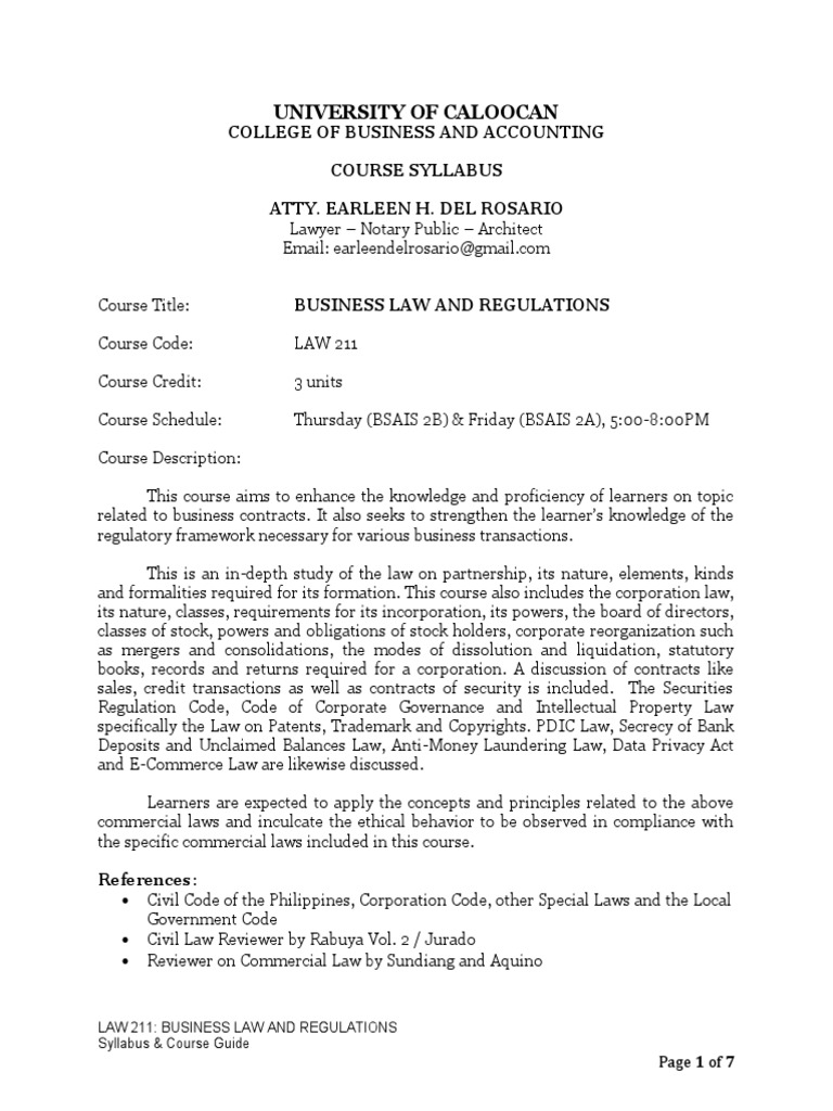 Syllabus UCC Business Law and Regulations | PDF | Corporations ...
