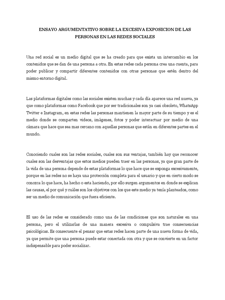 Ensayo Argumentativo Redes Sociales | PDF | Servicio de redes sociales ...