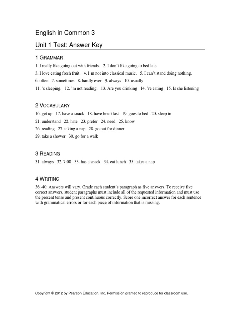 English in Common 3 Unit 1 Test: Answer Key | PDF