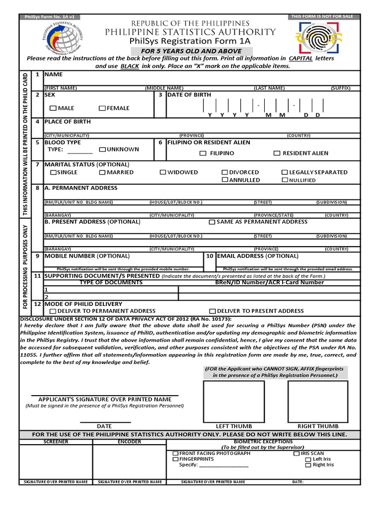 Philsys Registration Form 1A: For 5 Years Old and Above | PDF ...