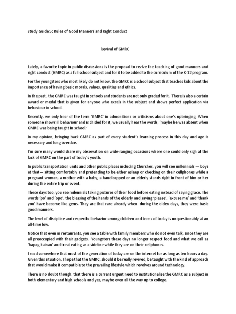 Good Manners And Right Conduct Chart Good Manners Online Exercise For