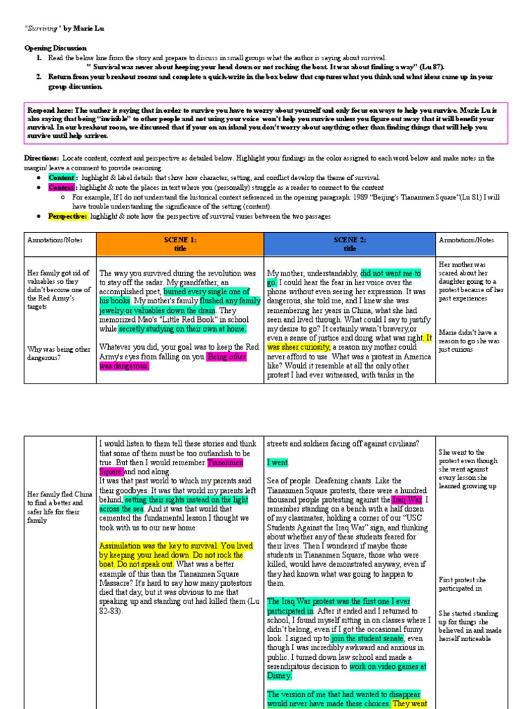 Close Reading Surviving by Marie Lu | PDF