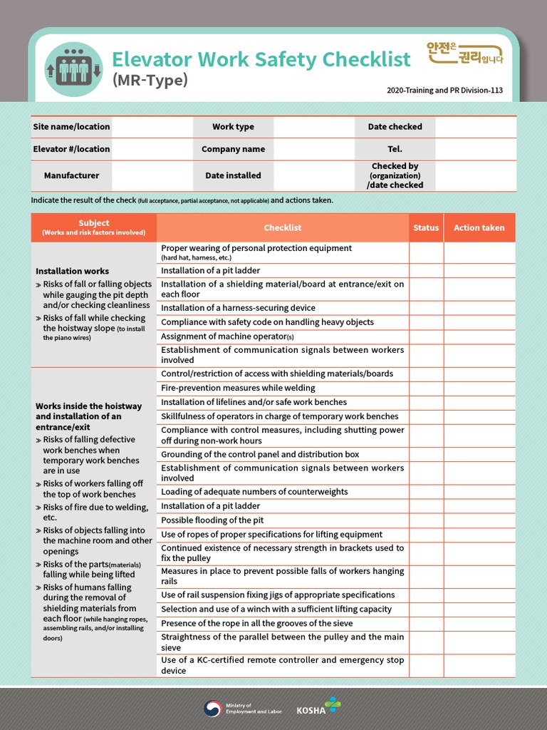 Elevator Work Safety Checklist: (MR-Type) | PDF | Elevator | Safety