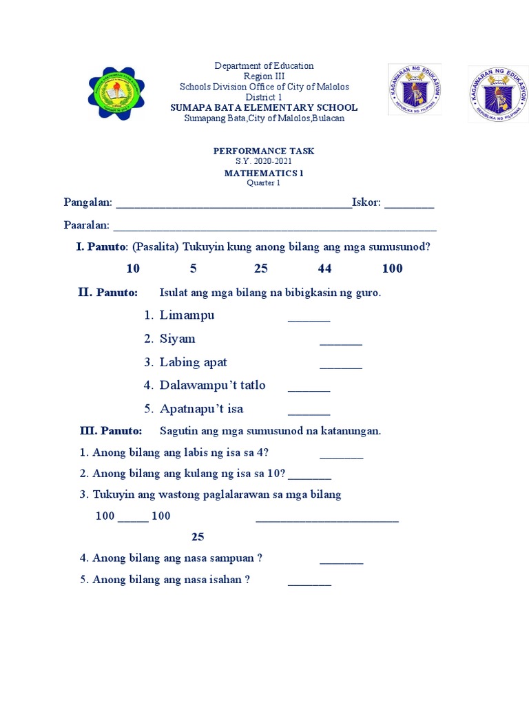 Performance Task 2 in Math 1 | PDF