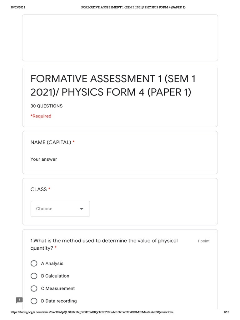 Formative Assessment 1 (Sem 1 2021) - Physics Form 4 (Paper 1) | PDF ...