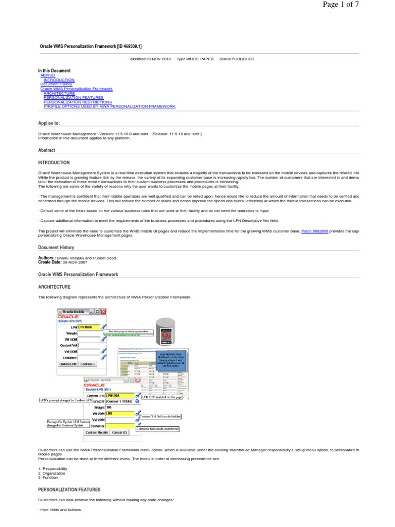 Oracle WMS Personalization Framework ID 469339.1 | PDF | Oracle ...