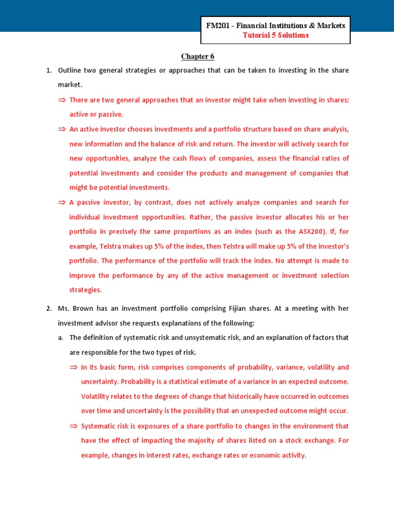 Tutorial 5 Solutions FM 201 | Download Free PDF | Beta (Finance) | Dividend