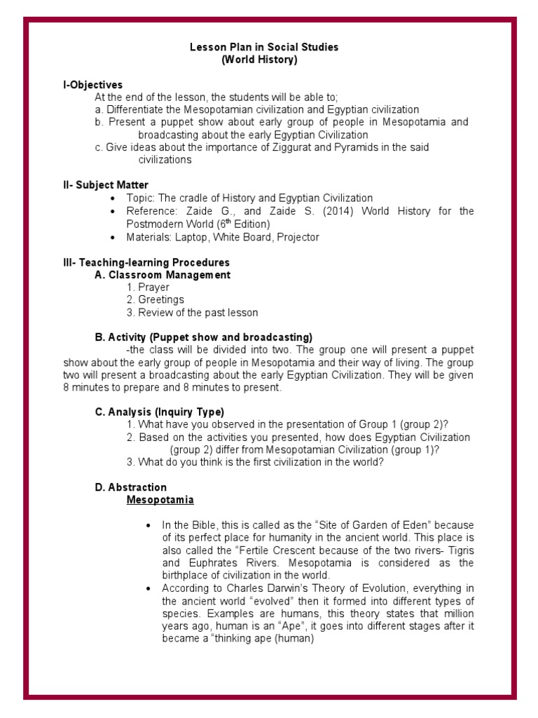 Lesson Plan in Social Studies (World History) I-Objectives | Download ...