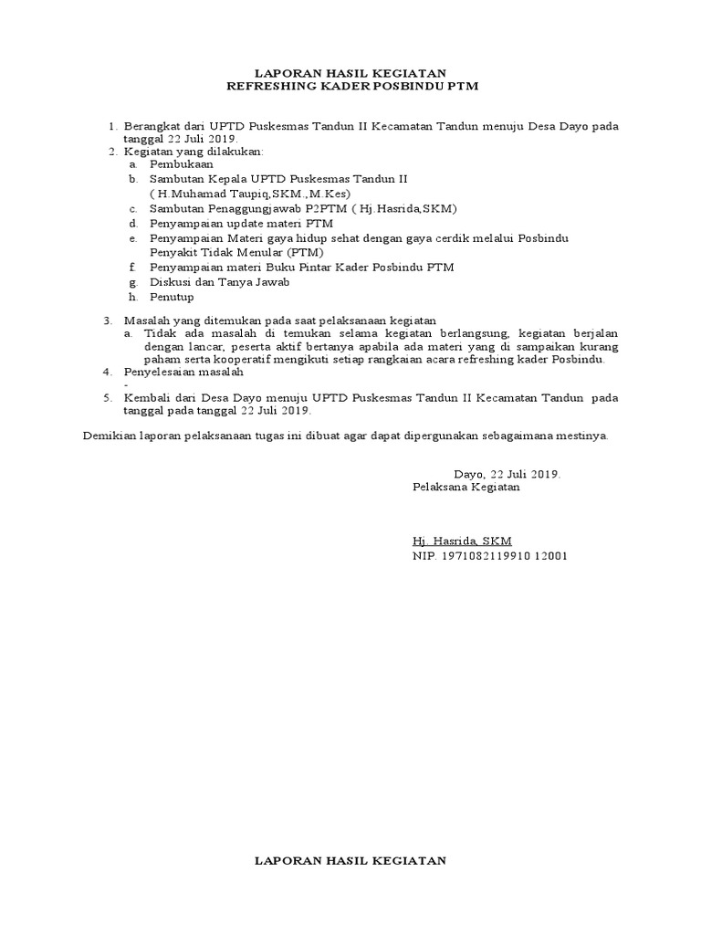 Laporan Kegiatan Refreshing Kader PTM | PDF