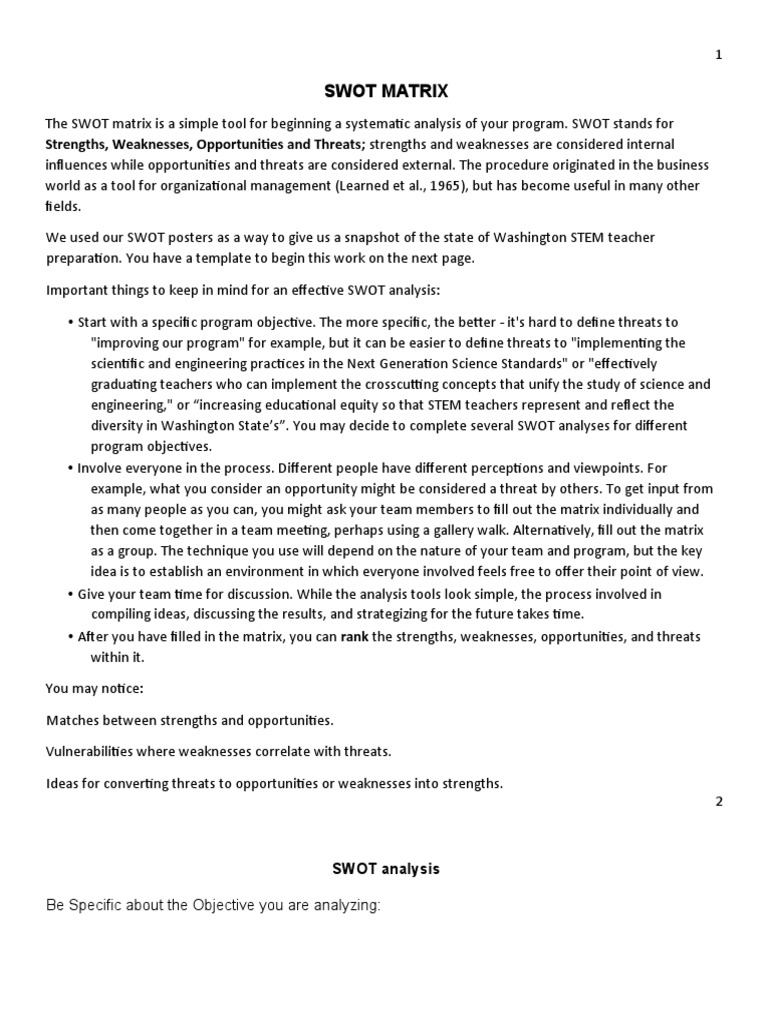 Swot Matrix: Strengths, Weaknesses, Opportunities and Threats Strengths ...