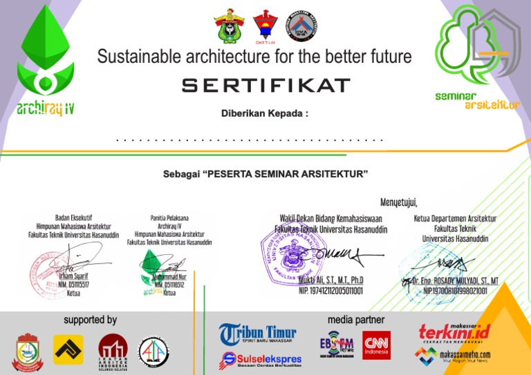 Sertifikat Peserta Seminar Arsitektur | PDF