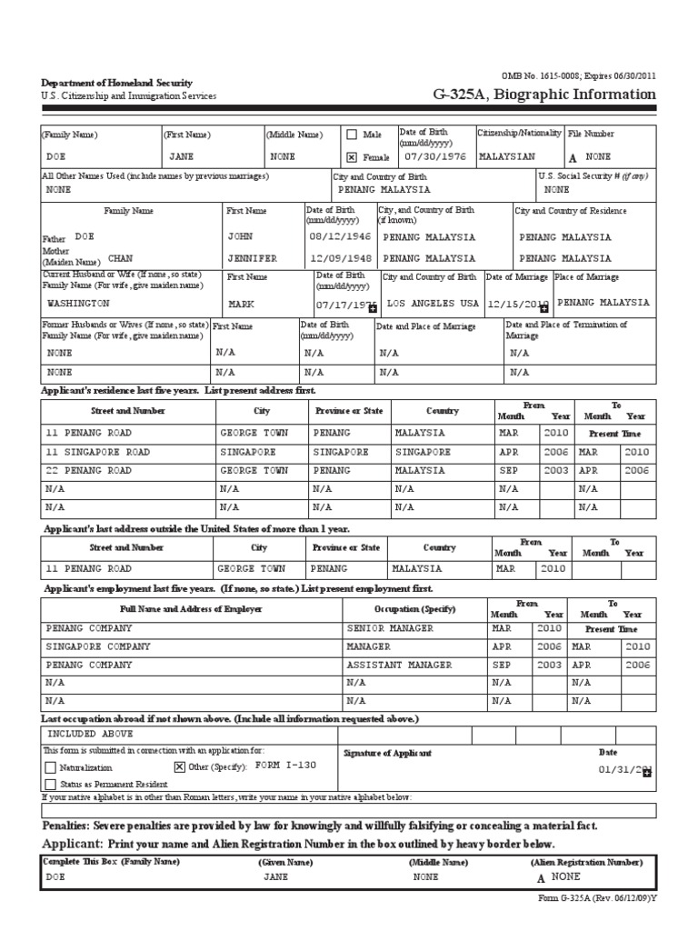 Sample Form G-325a - Beneficiary | PDF | Wife | Nationality Law